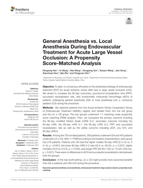 PDF General Anesthesia Vs Local Anesthesia During Endovascular Treatment For Acute Large