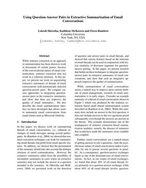 Using Question Answer Pairs In Extractive Summarization Of Email