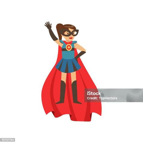 그녀의 손 제기 만화 벡터 일러스트와 함께 빨간 케이프 서 블루 의상 입은 슈퍼 히어로 여자 캐릭터 개념에 대한 스톡 벡터 아트 및 기타 이미지 Istock
