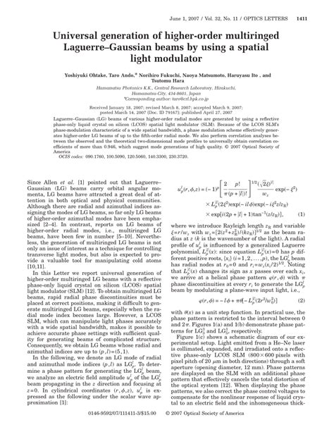 Pdf Universal Generation Of Higher Order Multiringed Laguerre Gaussian Beams By Using A