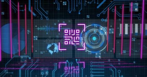 Image Of Qr Code Glowing Over Data Processing On Screens Stock