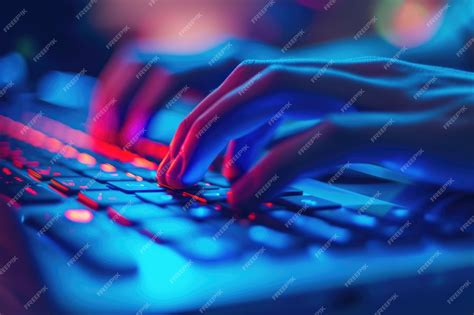 Premium Photo Hands Typing On Keyboard In Blue Light With Motion Blur