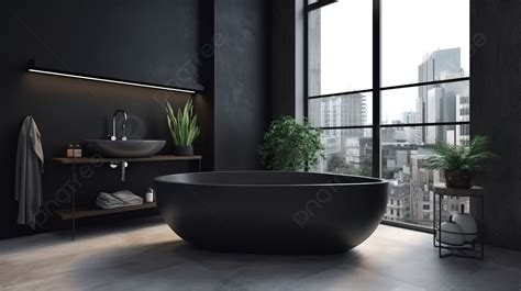 창문에 검은색 욕조 검은색 욕조가 있는 3d 렌더링 최소 로프트 욕실 고화질 사진 사진 배경 일러스트 및 사진 무료 다운로드 Pngtree
