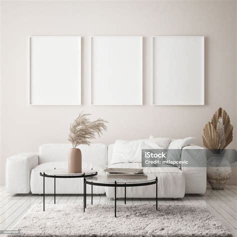 모던 한 인테리어 배경 스칸디나비아 스타일 3d 렌더링에서 포스터 프레임을 모의 공란에 대한 스톡 사진 및 기타 이미지 공란