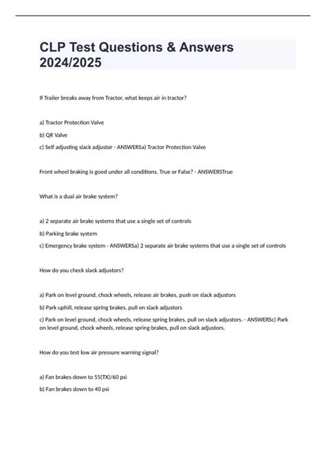 Clp Test Questions And Answers 2024 2025 Clp Stuvia Us