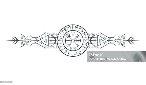 바이킹 상징 베지비시르 마법의 룬 문자 나침반 스칸디나비아 룬의 원 문신 인쇄 및 티셔츠 디자인에 대 한 벡터 그림입니다 룬에