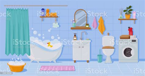 만화 아파트 욕실 인테리어 욕조와 싱크대 화장실 세탁기 거울 욕실 인테리어 요소 벡터 일러스트 모던 하우스 화장실 가구에 대한