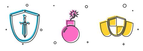 칼 폭발 할 준비가 폭탄과 방패 아이콘과 중세 방패를 설정합니다 벡터 검에 대한 스톡 벡터 아트 및 기타 이미지 검 공