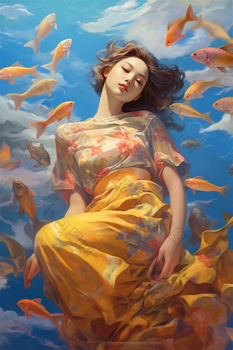 鱼群中的美丽女人插画图片 包图网