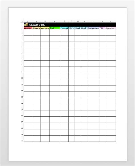 Colorful Password Log Excel Template Instant Digital Download Etsy