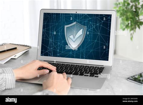 Cyber Security Concept Woman Using Application On Laptop Closeup Stock Photo Alamy