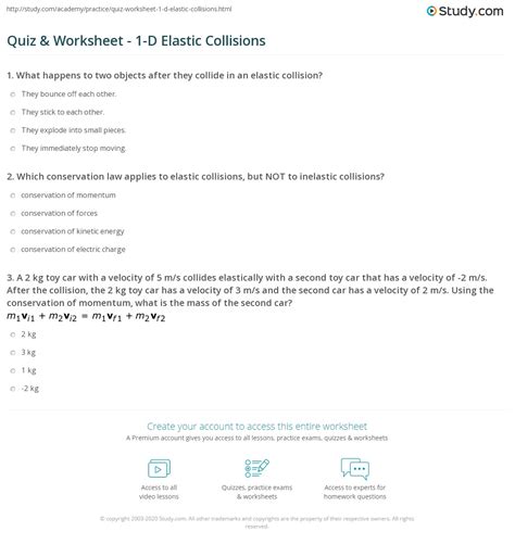 Quiz And Worksheet 1 D Elastic Collisions