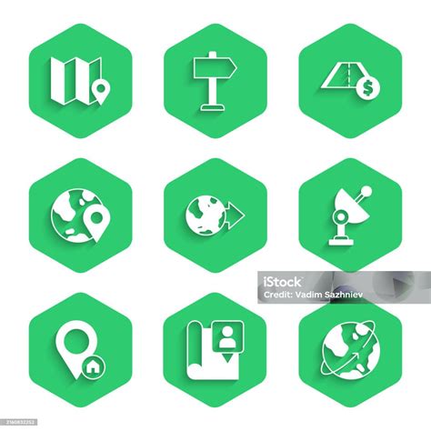 지구본에 위치 설정 위치 마커가 있는 접힌 지도 지구 궤도를 도는 위성 레이더 집 유료 도로 교통 및 아이콘 벡터 0명에 대한