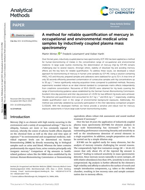 Pdf A Method For Reliable Quantification Of Mercury In Occupational And Environmental Medical