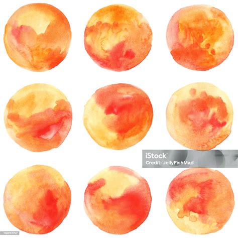 수채화 얼룩 세트 흰색 배경에 있는 지점입니다 브러시 스트로크가 있는 수채화 텍스처 둥근 자리 빨간색 주황색 노란색 그래픽 디자인 패턴 격리 벡터 부서지기 쉬움에 대한 스톡