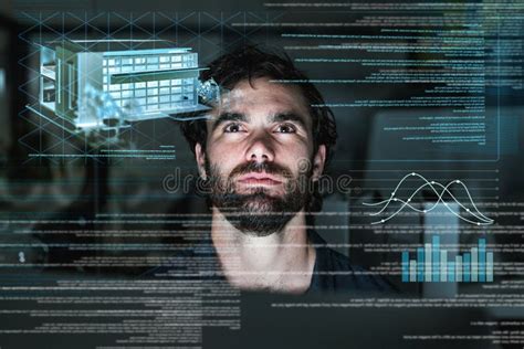 Architecture Hologram And Business Man With Data Analytics Focus And