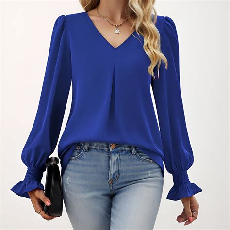 Easther Womens Long Sleeve Tops Dressy Casual V Neck Tunic Shirts Loose Chiffon Work Flowy