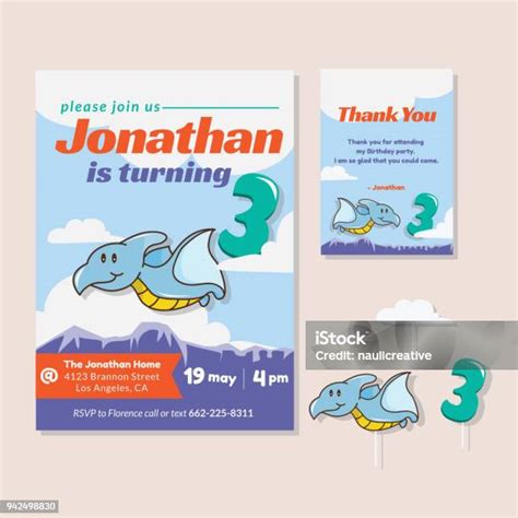 귀여운 공룡 테마 3 생일 파티 초대장 및 감사 카드 일러스트 공룡에 대한 스톡 벡터 아트 및 기타 이미지 공룡 유아 3 Istock
