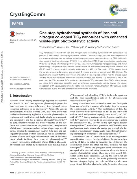Pdf One Step Hydrothermal Synthesis Of Iron And Nitrogen Co Doped