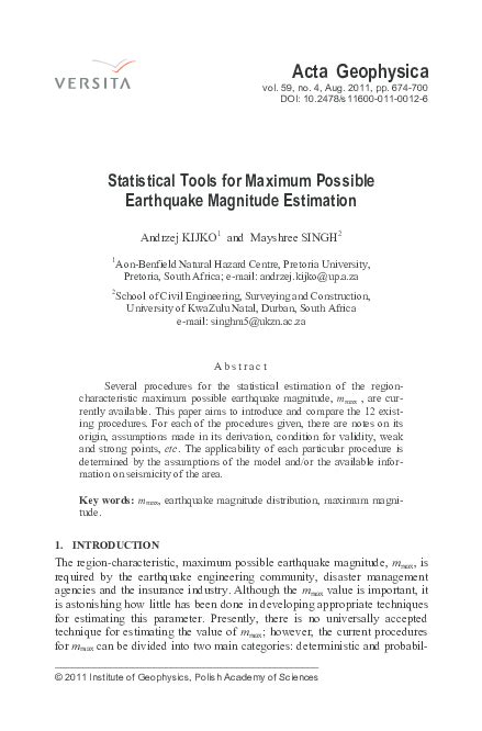 Pdf Statistical Tools For Maximum Possible Earthquake Magnitude Estimation