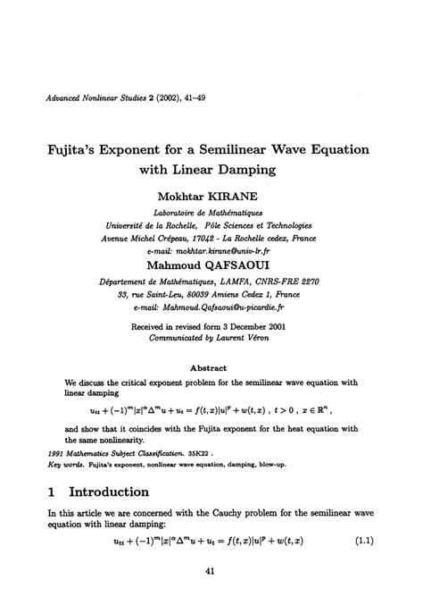 Pdf Fujitas Exponent For A Semilinear Wave Equation With Linear Damping