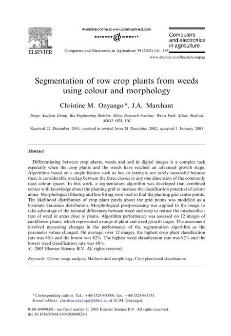 Pdf Segmentation Of Row Crop Plants From Weeds Using Colour And