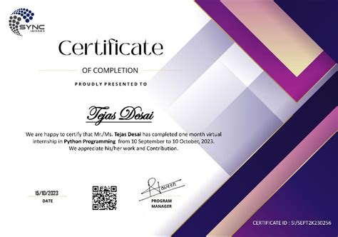 Tejas Desai On Linkedin Syncinterns Pythonprogramming Internship Certificate Lor