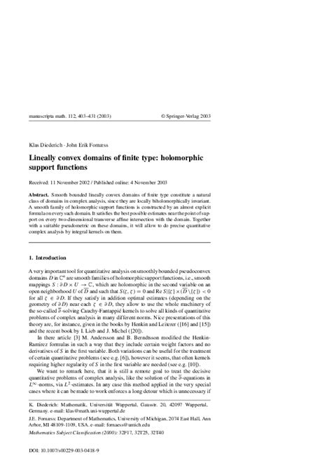Pdf Lineally Convex Domains Of Finite Type Holomorphic Support Functions Klas Diederich And