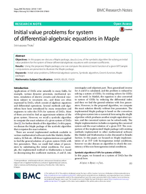 pdf initial value problems for system of differential algebraic equations in maple