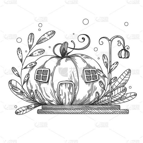 一个梦幻南瓜屋的草图卡通南瓜地精屋矢量插图