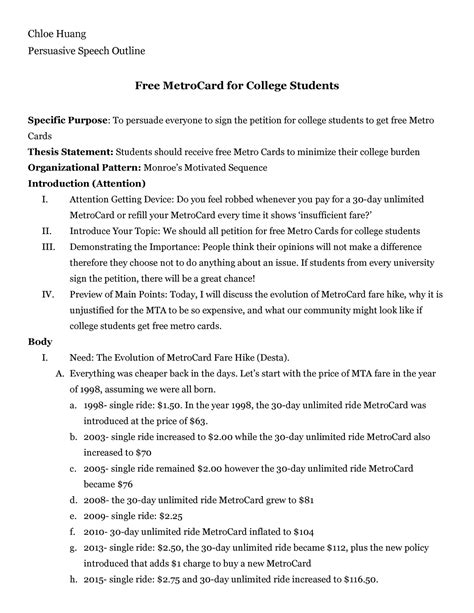 Persuasive Speech Outline Chloe Huang Persuasive Speech Outline Free Metrocard For College