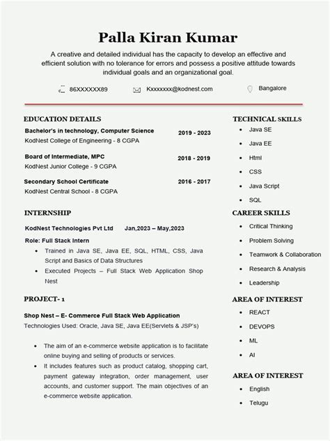 Kodnest Resume Template 1 Pdf Java Programming Language
