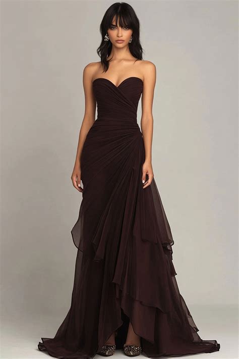 Zapaka Women Dark Brown Sweetheart Ruffled Formal Dress Ruched