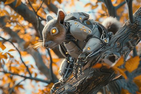 A Robot Squirrel Is Perched On A Tree Branch Premium Ai Generated Image