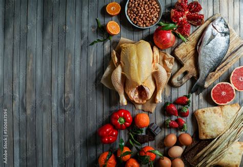 Allergy Food Concept Allergene Fish Chicken Strawberry Bread