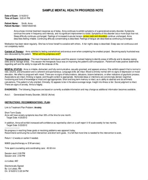 Sample Progress Note Template