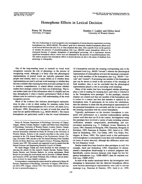 Pdf Homophone Effects In Lexical Decision