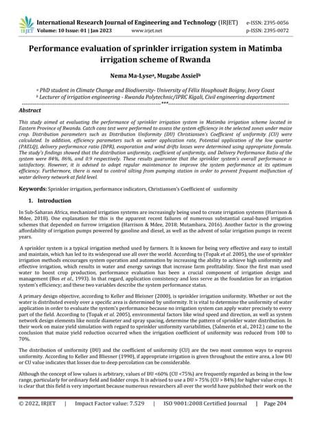 Performance Evaluation Of Sprinkler Irrigation System In Matimba Irrigation Scheme Of Rwanda