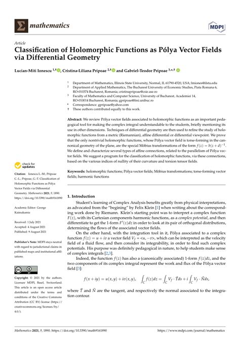 Pdf Classification Of Holomorphic Functions As Pólya Vector Fields Via Differential Geometry