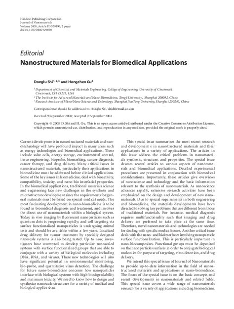 Pdf Nanostructured Materials For Biomedical Applications