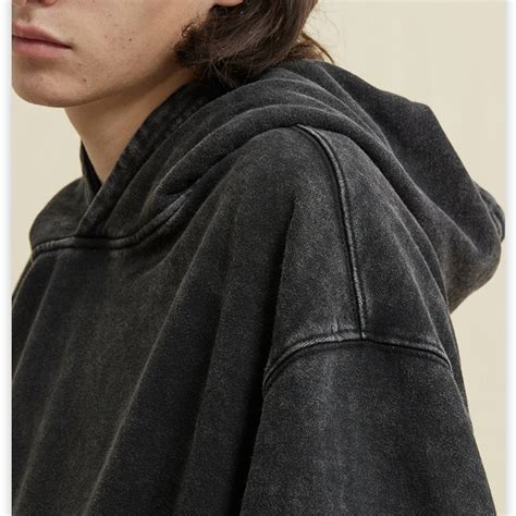 Acid Washing Drop Shoulder Black Hoodie Lezhou Garment