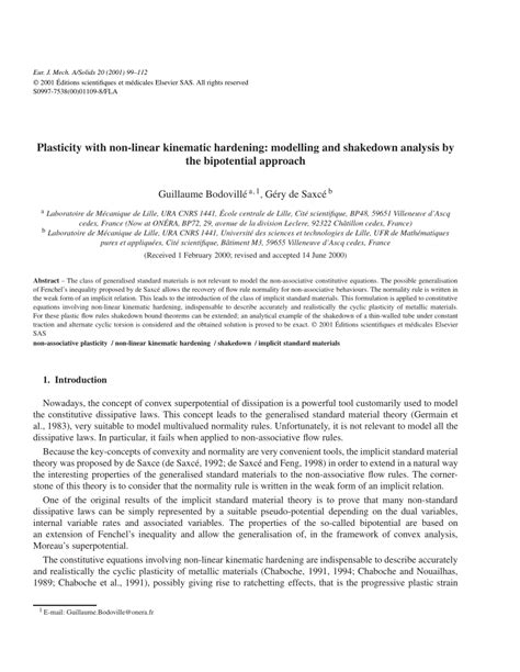 Pdf Plasticity With Non Linear Kinematic Hardening Modelling And Shakedown Analysis By The