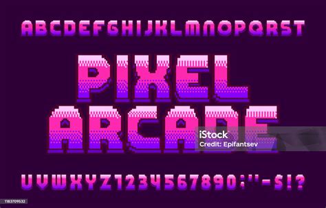 픽셀 아케이드 알파벳 글꼴입니다 3d 픽셀 문자와 분홍색 숫자 컴퓨터 글자에 대한 스톡 벡터 아트 및 기타 이미지 컴퓨터