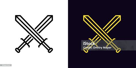 편집 가능한 획이 있는 검 전투 아이콘의 윤곽선 교차된 검 기호 게임 전투 경기장 왕실 검투 검투사 전투 강철 무기 전사 충돌이 있는 게임 중세 문명 벡터 아이콘 Brand