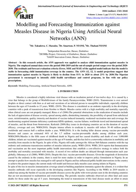 Pdf Modelling And Forecasting Immunization Against Measles Disease In Nigeria Using Artificial