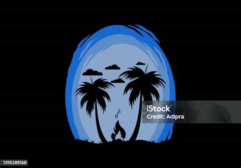 Siluet Api Unggun Dan Pohon Kelapa Di Pantai Ilustrasi Stok Unduh