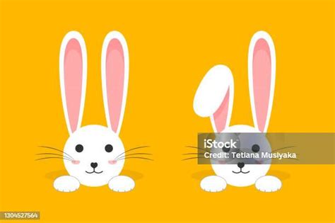 White Cute Easter Bunny On Yellow Background White Hare Crawls Out Of The Mink Funny Bunny