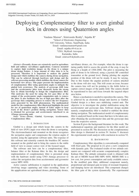 Pdf Deploying Complementary Filter To Avert Gimbal Lock In Drones Using Quaternion Angle