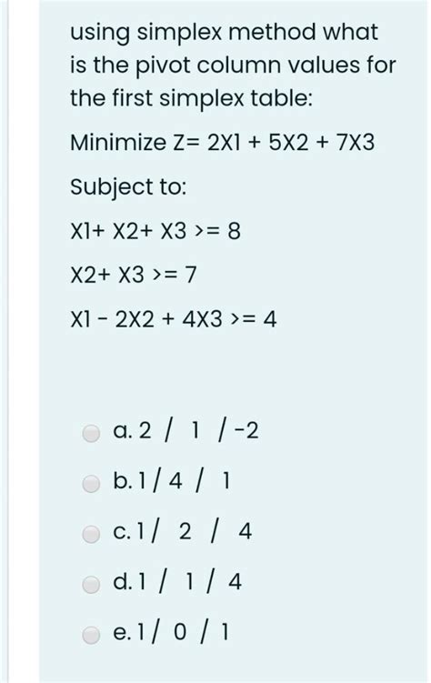 Solved Using Simplex Method What Is The Pivot Column Values
