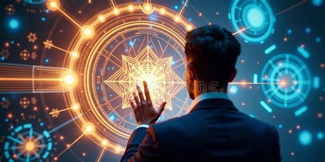 Businessman Looking At Futuristic Digital Circle Interface Technology Concept Stock